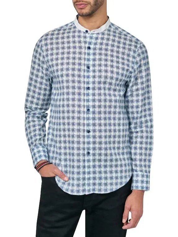 BROOKLYN BRIGADE Slim Fit Check Print Linen Cotton Banded Collar Long Sleeve Shirt - Blue