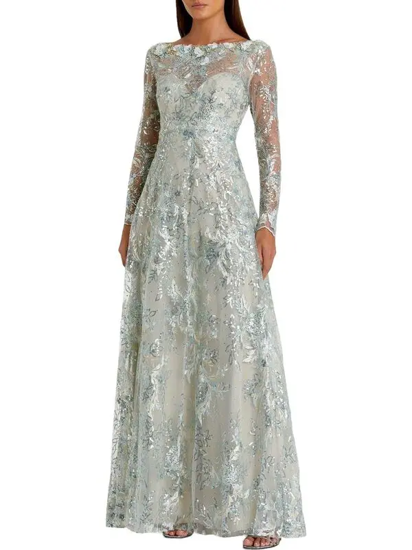 Mac Duggal Floral Embroidered Long Sleeve Gown - Mist