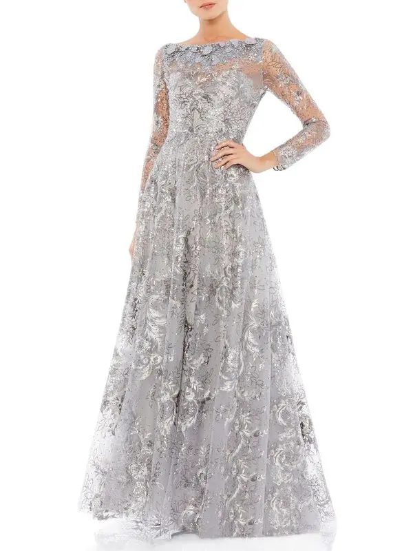 Mac Duggal Floral Embroidered Long Sleeve Gown - Sterling