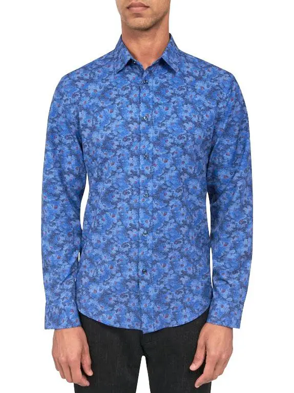BROOKLYN BRIGADE Slim Fit Denim Floral 4-way Stretch Performance Long Sleeve Shirt - Navy