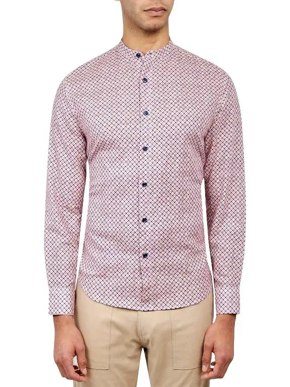 BROOKLYN BRIGADE Slim Fit Geo Linen Cotton Banded Collar Long Sleeve Shirt - Navy/pink