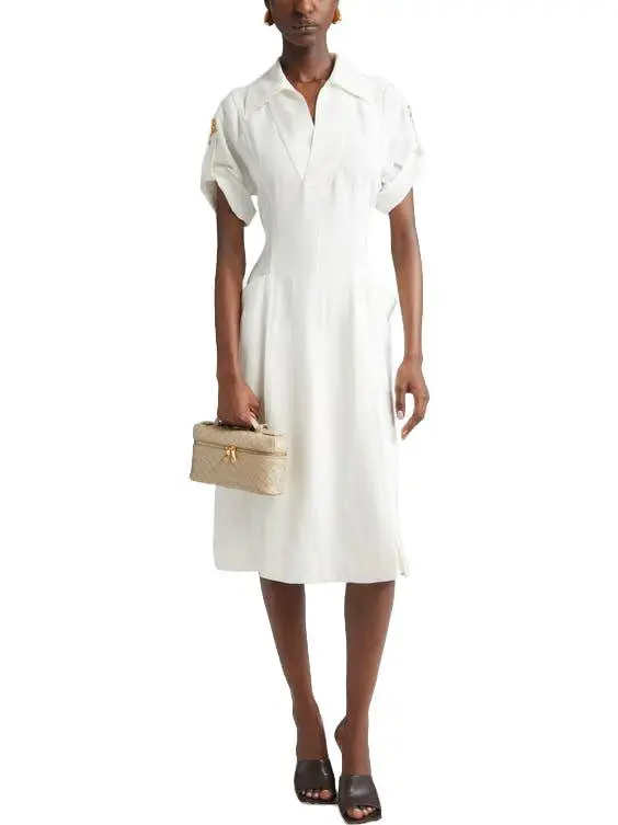 Bottega Veneta Pleated Viscose & Linen Midi Dress - 9071 Chalk