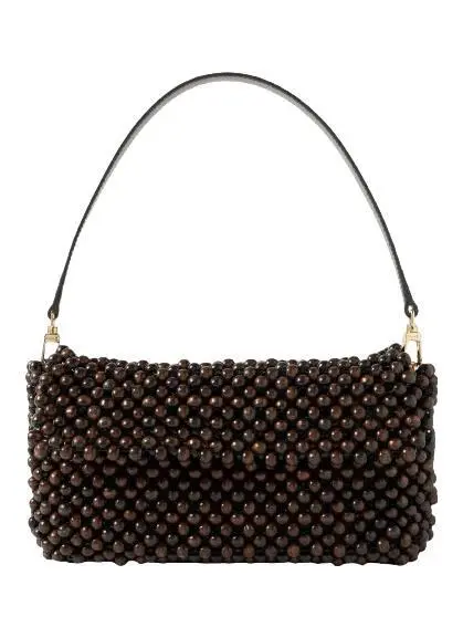 Staud Timmy Leather-trimmed Beaded Shoulder Bag - Brown