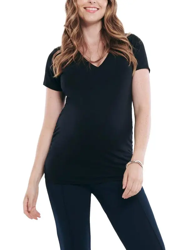 Motherhood Maternity V-neck Side-ruched Maternity Short Sleeve Tee - Black