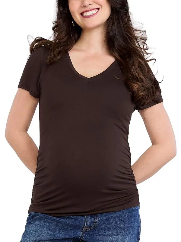 Motherhood Maternity V-neck Side-ruched Maternity Short Sleeve Tee - Chocolate Tort