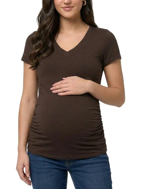 Motherhood Maternity V-neck Side-ruched Maternity Short Sleeve Tee - Chocolate Tort