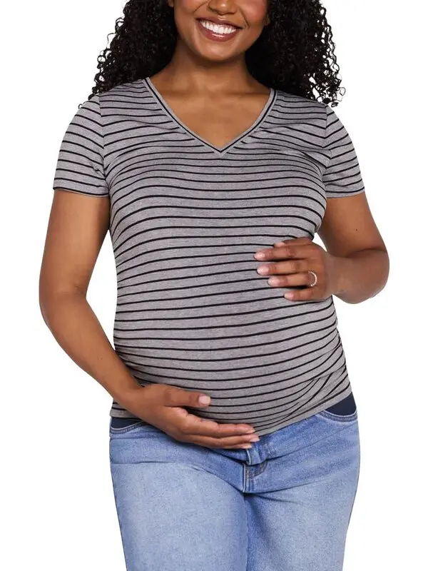 Motherhood Maternity V-neck Side-ruched Maternity Short Sleeve Tee - Stone Stripe