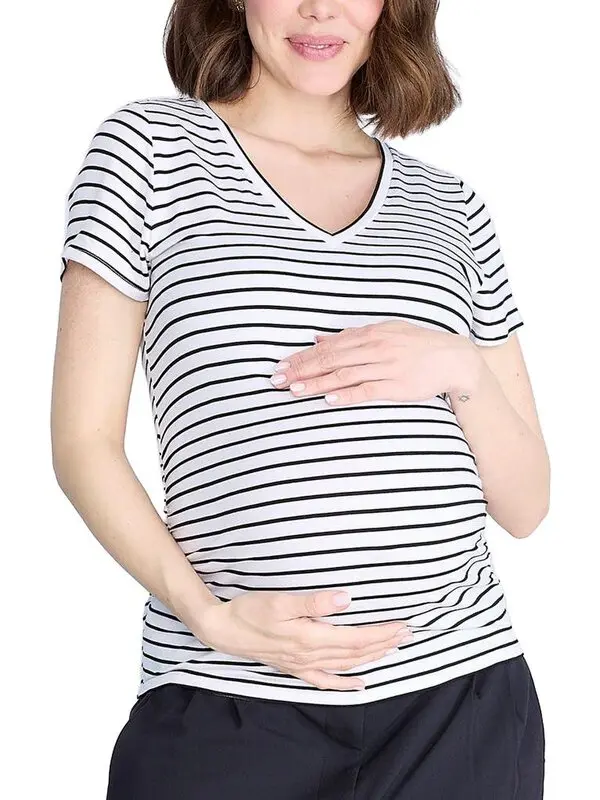 Motherhood Maternity V-neck Side-ruched Maternity Short Sleeve Tee - White & Black Stripe
