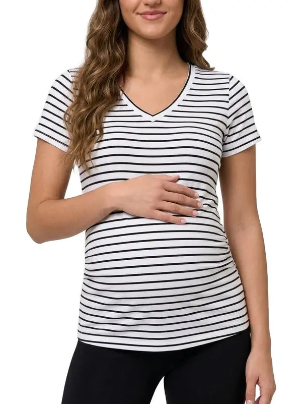 Motherhood Maternity V-neck Side-ruched Maternity Short Sleeve Tee - White & Black Stripe