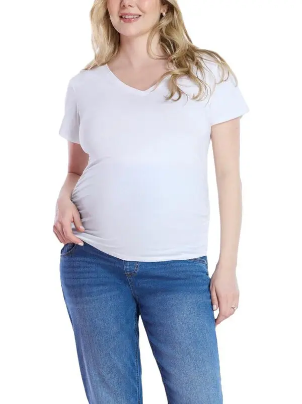 Motherhood Maternity V-neck Side-rouched Short Sleeve Tee - White
