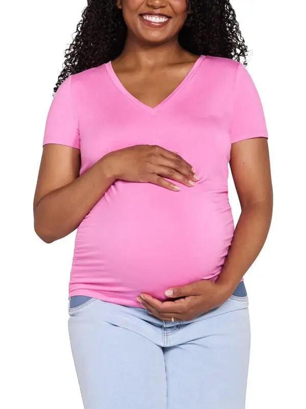 Motherhood Maternity V-neck Side-ruched Maternity Short Sleeve Tee - Wild Orchid