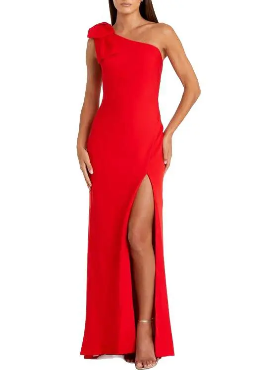 Mac Duggal One-shoulder Stretch-crepe Gown With Bow - Red