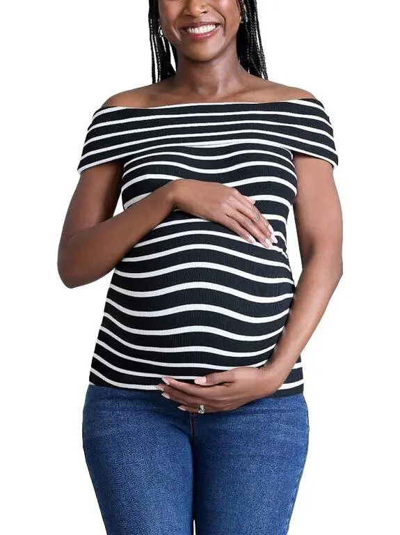 Motherhood Maternity Rib Knit Off The Shoulder Top - Black & White Stripe