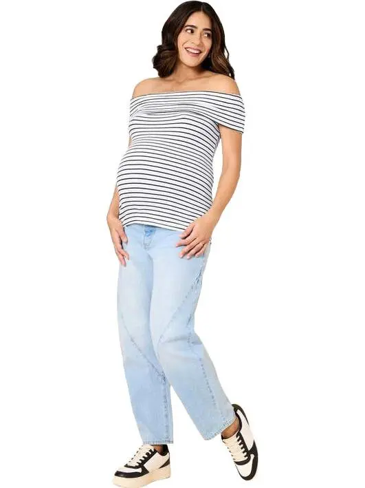 Motherhood Maternity Rib Knit Off The Shoulder Top - White & Black Stripe