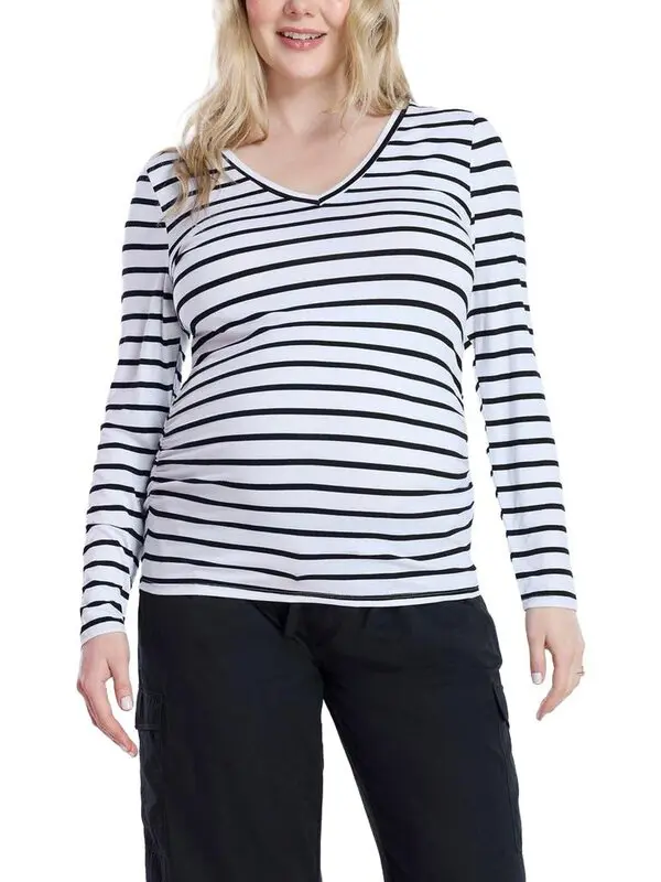 Motherhood Maternity V-neck Side-rouched Maternity Long Sleeve Tee - Black & White Stripe