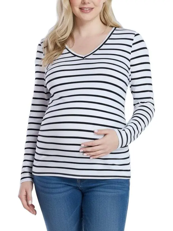 Motherhood Maternity V-neck Side-rouched Maternity Long Sleeve Tee - Black & White Stripe