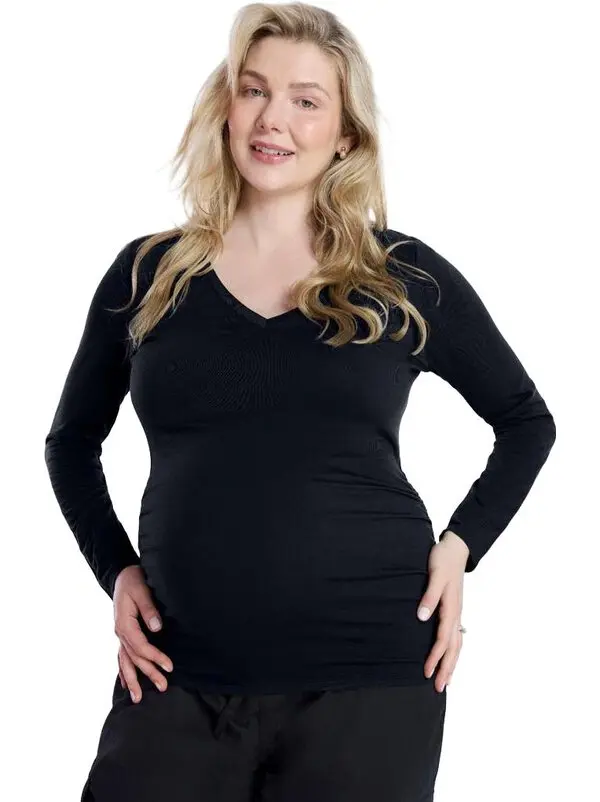 Motherhood Maternity V-neck Side-rouched Maternity Long Sleeve Tee - Black