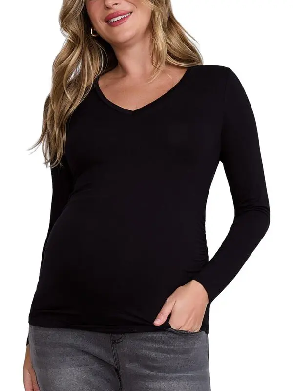 Motherhood Maternity V-neck Side-rouched Maternity Long Sleeve Tee - Black