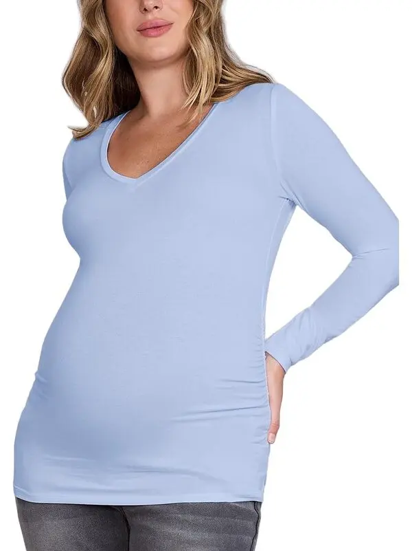 Motherhood Maternity V-neck Side-rouched Maternity Long Sleeve Tee - Cashmere Blue