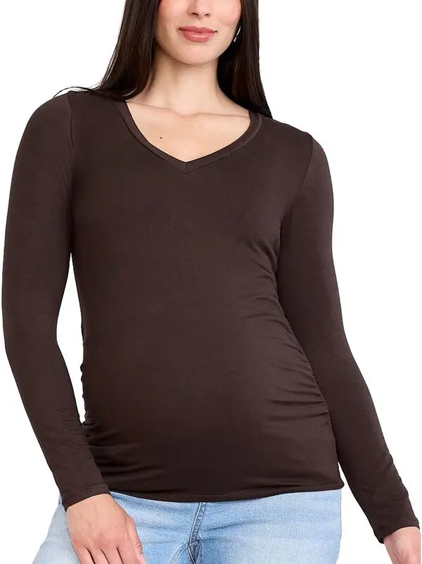 Motherhood Maternity V-neck Side-rouched Maternity Long Sleeve Tee - Chocolate Tort