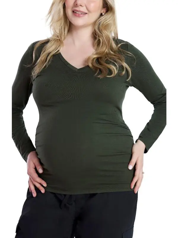 Motherhood Maternity V-neck Side-rouched Maternity Long Sleeve Tee - Deep Depths