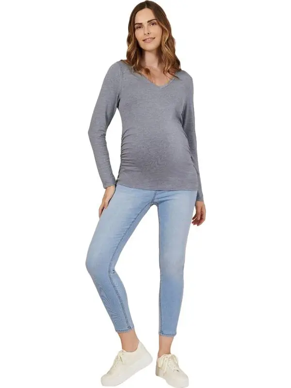 Motherhood Maternity V-neck Side-rouched Maternity Long Sleeve Tee - Heather Grey