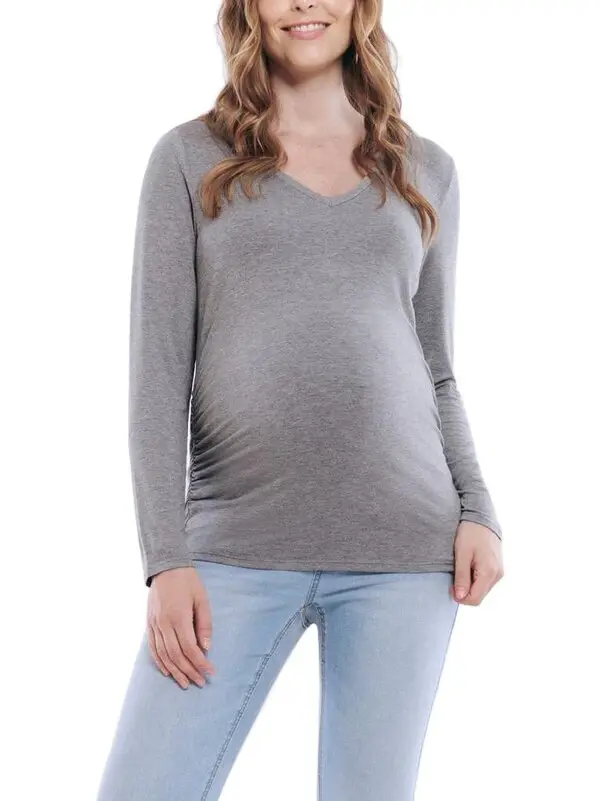Motherhood Maternity V-neck Side-rouched Maternity Long Sleeve Tee - Heather Grey