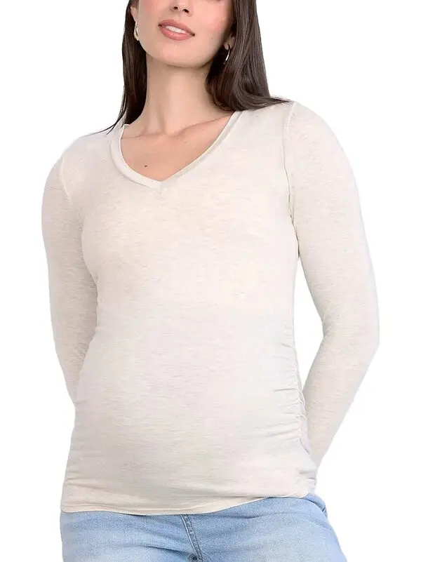 Motherhood Maternity V-neck Side-rouched Maternity Long Sleeve Tee - Heather Oatmeal