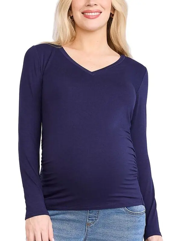 Motherhood Maternity V-neck Side-rouched Maternity Long Sleeve Tee - Peacoat