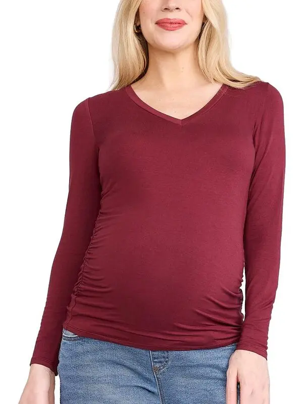 Motherhood Maternity V-neck Side-rouched Maternity Long Sleeve Tee - Tawny Port