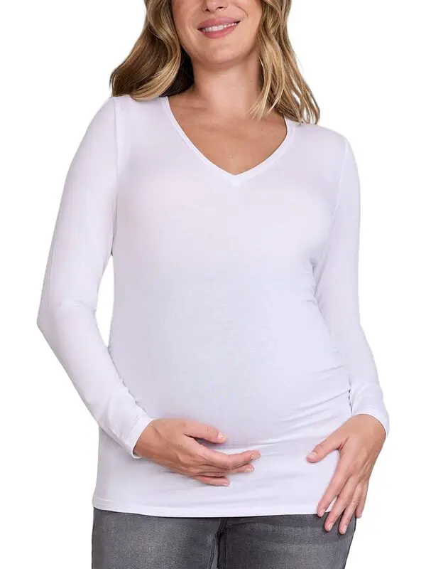 Motherhood Maternity V-neck Side-rouched Maternity Long Sleeve Tee - White