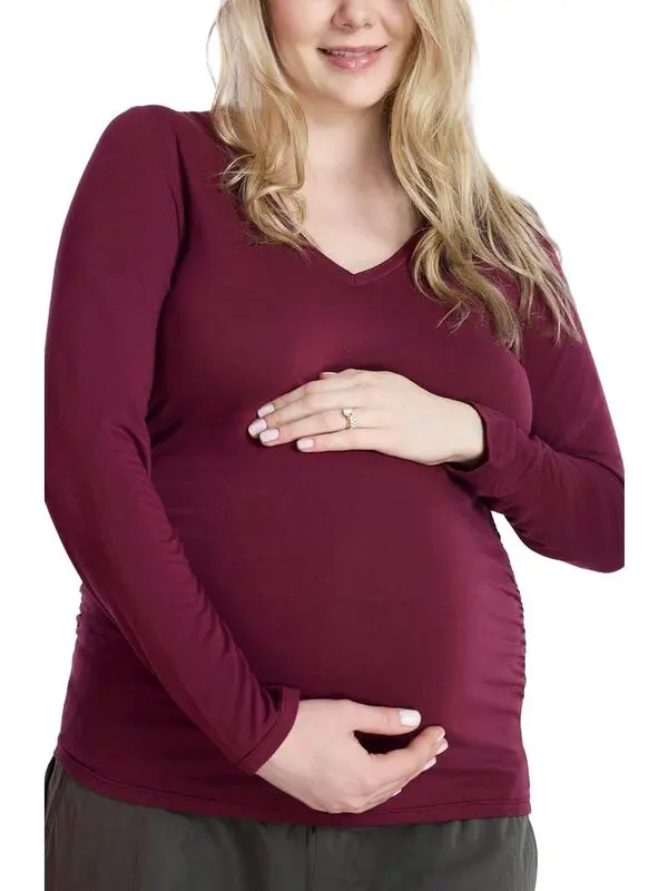 Motherhood Maternity V-neck Side-rouched Maternity Long Sleeve Tee - Zinfandel