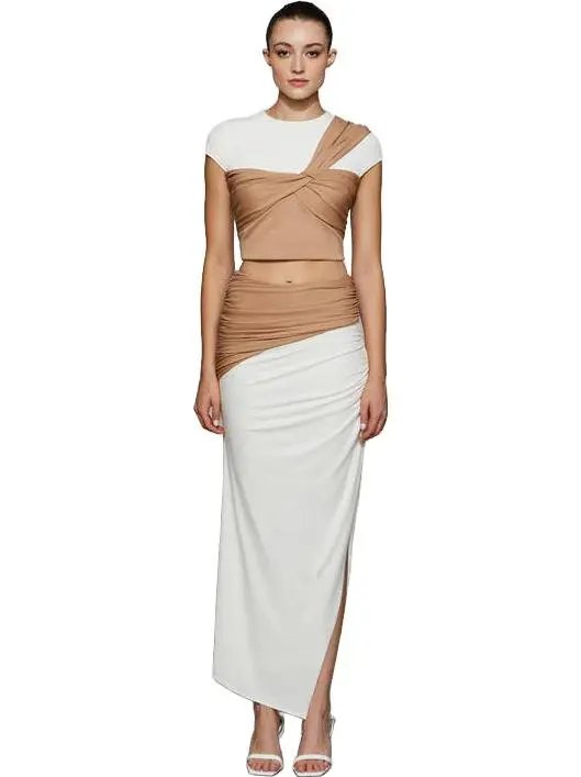 ET OCHS Grayson Asymmetrical Ruched Skirt - Camel/ivory