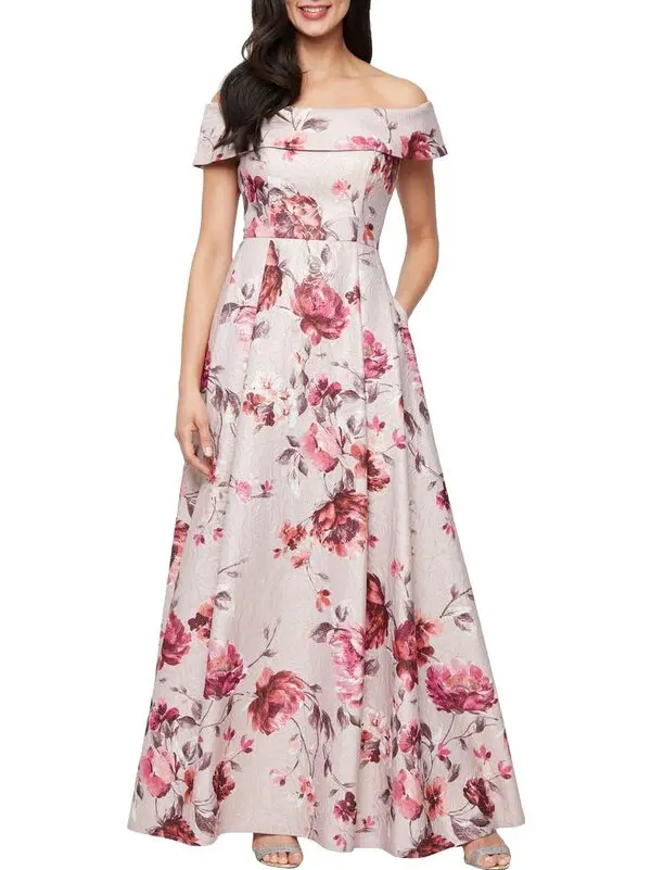 Alex Evenings Metallic Floral Jacquard Off-the-shoulder Gown - Blush Multi