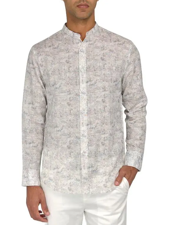 BROOKLYN BRIGADE Slim Fit Abstract Leaves Linen Cotton Banded Collar Long Sleeve Shirt - Beige