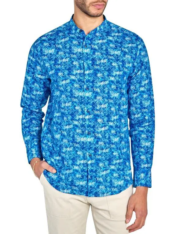 BROOKLYN BRIGADE Slim Fit Abstract Leaves Linen Cotton Banded Collar Long Sleeve Shirt - Light Blue/navy