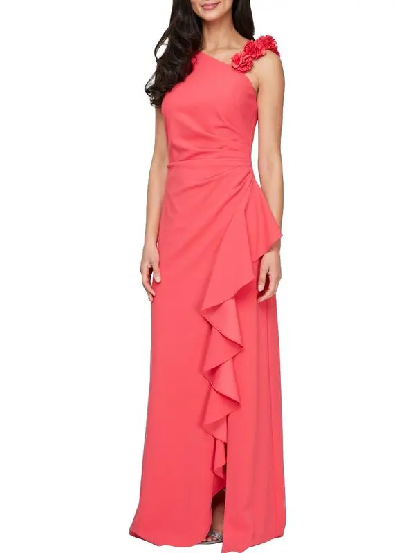 Alex Evenings Floral Strap Ruffle Detail Gown - Coral