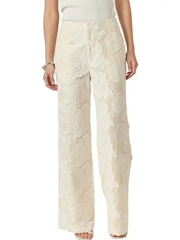 Endless Rose Floral Embroidered Wide Leg Pants - Cream