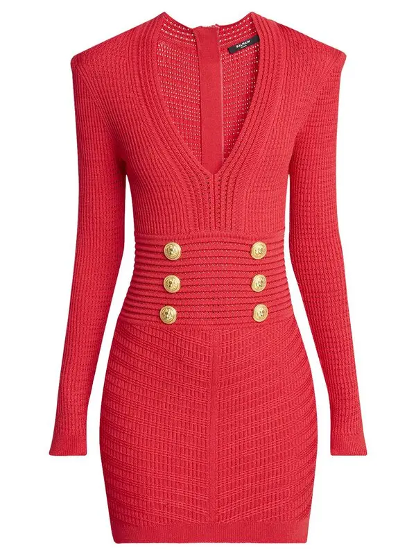 Balmain Buttoned Pointelle Knit Mini Dress - Bright Red