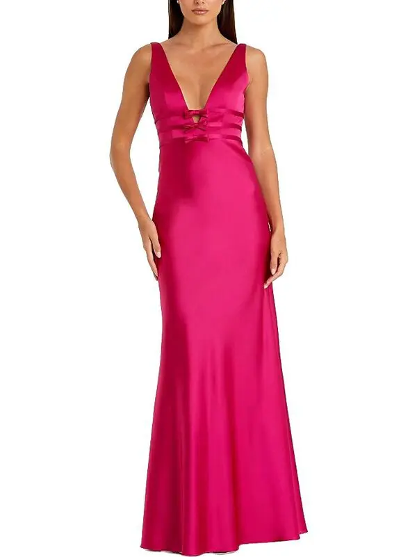 Mac Duggal Sleeveless V-neck Satin Gown With Bow Details - Raspberry