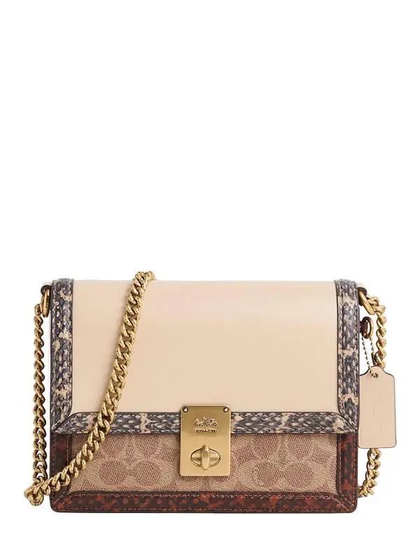 COACH® Hutton Shoulder Bag In Signature Canvas With Snakeskin Detail - Brass/tan Ivory