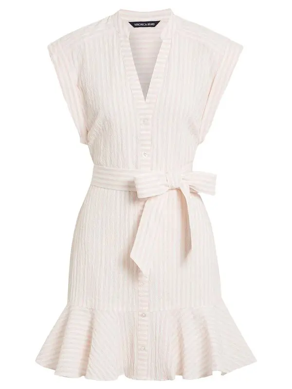 Veronica Beard Avella Ruffled Striped Seersucker Mini Dress - Pastel Pink