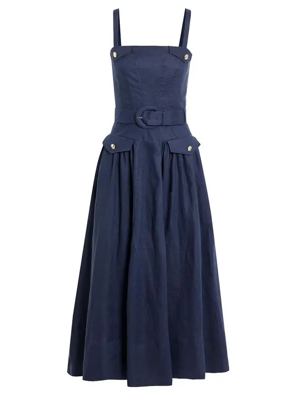 NICHOLAS Belted Linen Midi Dress - Navy