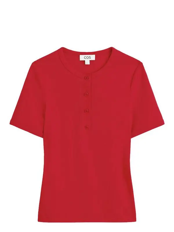 Cos Ribbed Henley T-shirt With Scoop Neck - Red