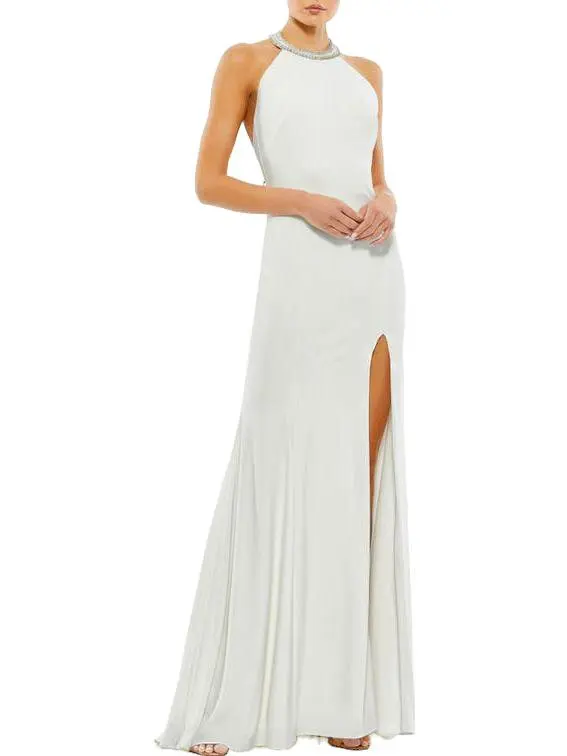 Mac Duggal Embellished Halter Jersey Gown - White