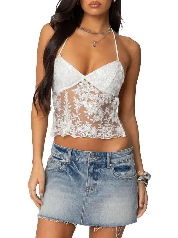 EDIKTED Nyx Sheer Lace Backless Top - White