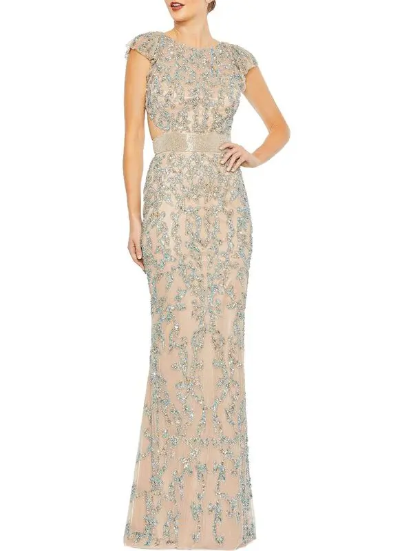 Mac Duggal Hand-embellished Gown With Open Back - Beige Multi