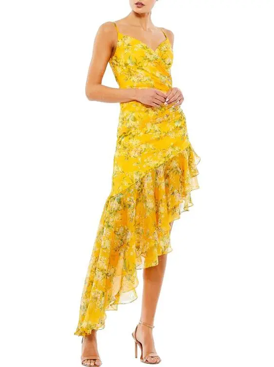 Mac Duggal Floral Ruffle Asymmetrical Hi-low Gown - Yellow Multi