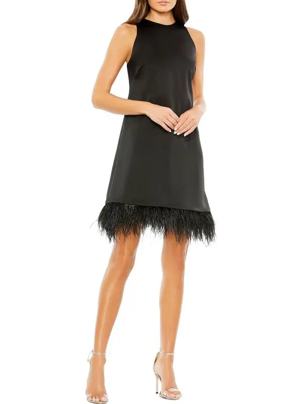 Mac Duggal Feather Hem High Neck A-line Dress - Black