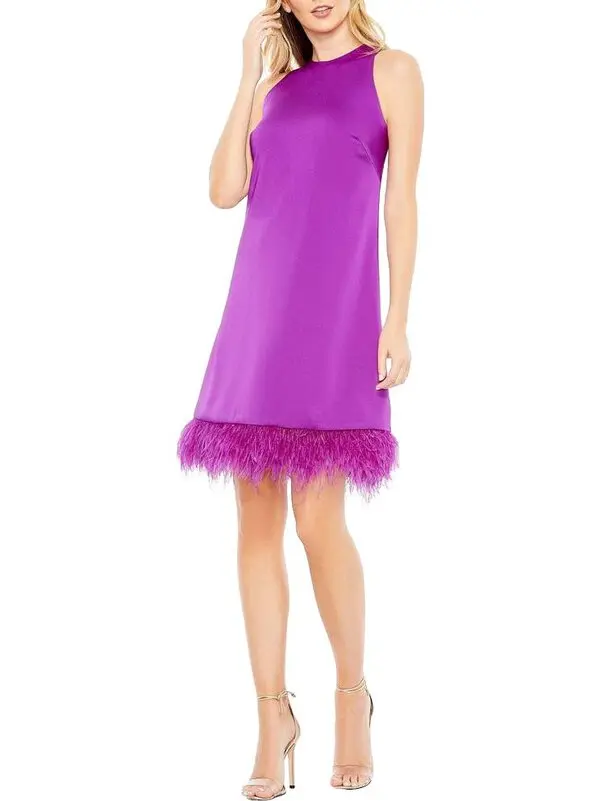 Mac Duggal Feather Hem High Neck A-line Dress - Purple